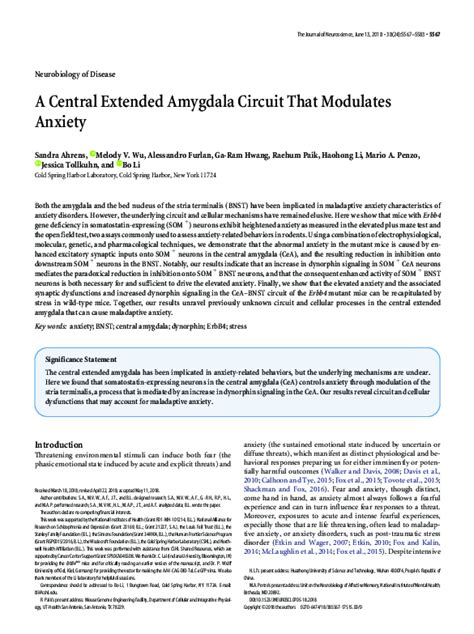 Pdf A Central Extended Amygdala Circuit That Modulates Anxiety