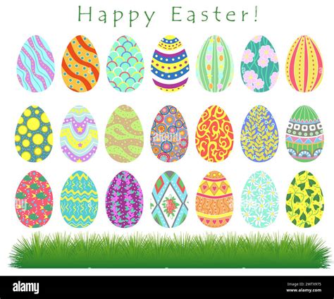 Spring Holiday Collection With Happy Easter Eggs With Different Textures And Patterns And Grass