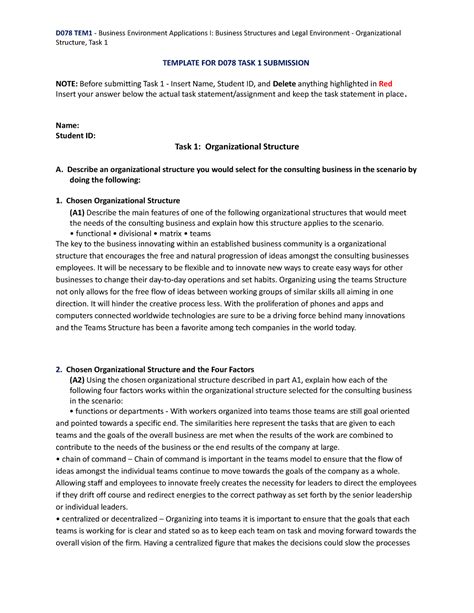 D078 Task 1 Tem1 — Tem1 Task 1 Organizational Structure D078 Tem1