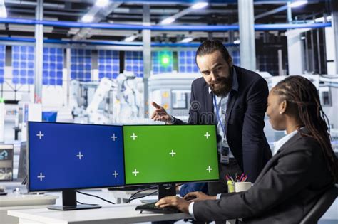 Happy Photovoltaics Factory Workers Using Isolated Screen Pc Stock