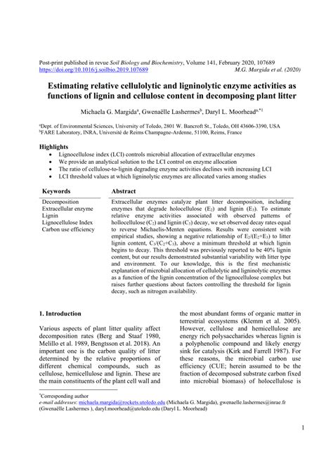 PDF Estimating Relative Cellulolytic And Ligninolytic Enzyme Activities As Functions Of Lignin