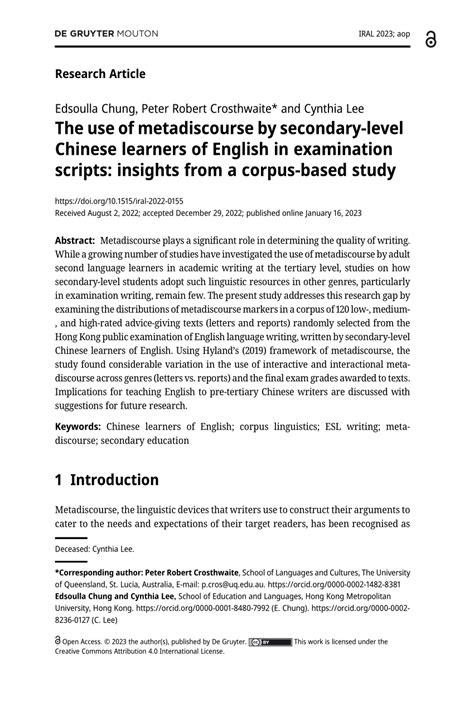 Pdf The Use Of Metadiscourse By Secondary Level Chinese Learners Of English In Examination