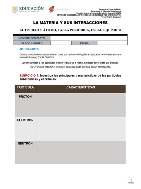 Actividad 6 Átomo Tabla Periódica Enlace Químico Pdf Enlace