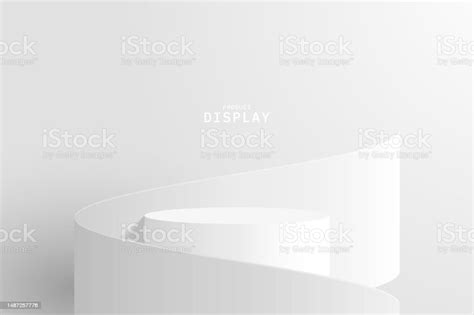 텅 빈 화이트 룸은 3d 실린더 연단 또는 제품 디스플레이 스탠드가 기하학적 모양 벡터 렌더링으로 둘러싸여 있습니다 쇼 제품을 위한 무대 모형을 위한 최소한의 장면 0명에