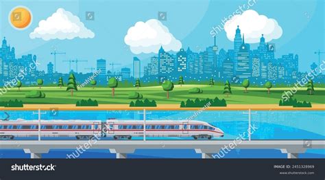 Skytrain Landscape Cityscape Super Streamlined Train Stock Vector