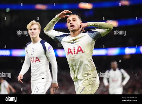 Tottenham Hotspurs Xavi Simons Celebrates Scoring Their Sides Third