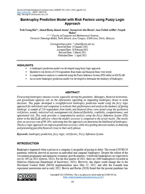 Bankruptcy Prediction Model With Risk Factors Using Fuzzy Logic
