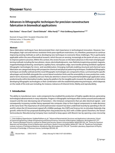 Pdf Advances In Lithographic Techniques For Precision Nanostructure Fabrication In Biomedical