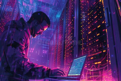A Hacker Analyzes Data On A Laptop Surrounded By Glowing Server Racks While Working Late Into