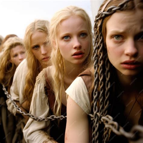 Beautiful Girls Hostages Captives Slaves In Shackles And Chains Work As