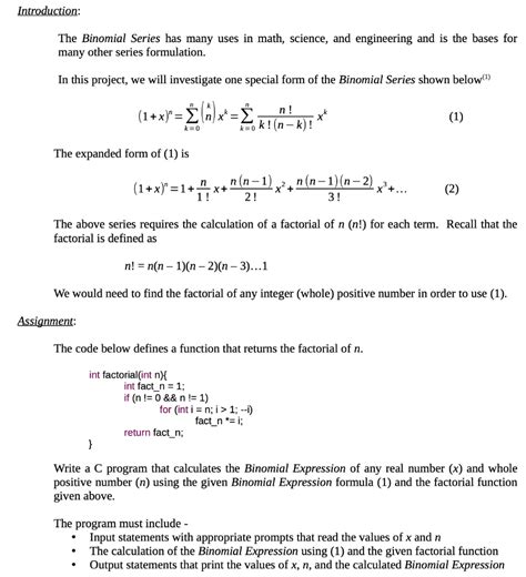 Solved Introduction The Binomial Series Has Many Uses In Chegg Com