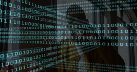Binary Code Animation Over Silhouette Of Person In Office Setting Stock