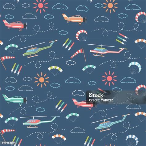 비행기 헬리콥터 낙하산 글라이더 구름 태양 해군 파란색 배경에 완벽 한 패턴입니다 관광에 대한 스톡 벡터 아트 및 기타 이미지