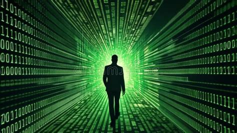 Silhouette Walking Through Digital Tunnel Of Binary Code Representing