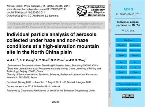 Pdf Individual Particle Analysis Of Aerosols Collected Under Haze And Non Haze Conditions At A