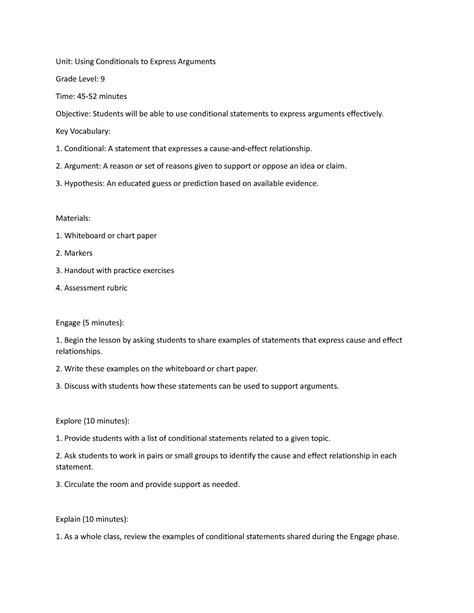 Unit Lecture Notes Unit Using Conditionals To Express Arguments Grade Level Time
