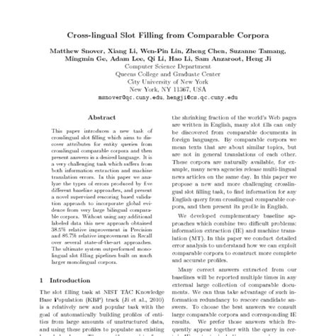 Cross Lingual Slot Filling From Comparable Corpora Acl Anthology