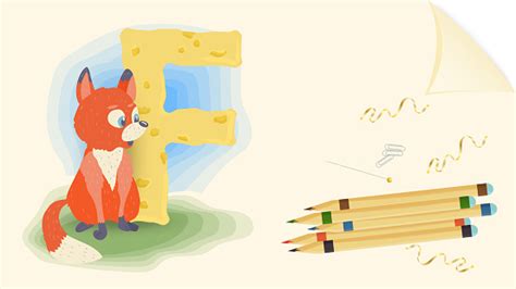 영어 알파벳의 그림 레이아웃 배너는 색연필이있는 종이에 알파벳 문자 F 폭스를 배우기위한 것입니다 School Carnival에 대한 스톡 벡터 아트 및 기타 이미지