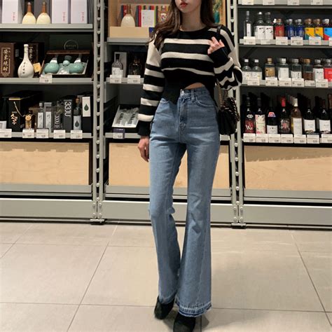 롱다리핏💖사선절개 밑단 컷팅 그라데이션 와이드 부츠컷 데님 팬츠 하이웨스트 일자 세미부츠컷 나팔 청바지 Xs S M L 에이블리