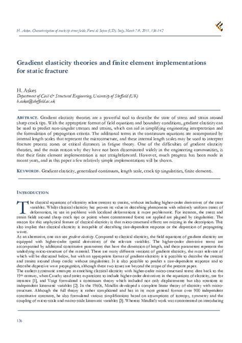 Pdf Gradient Elasticity Theories And Finite Element Implementations For Static Fracture