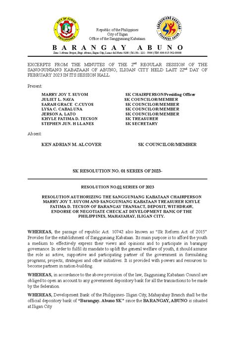 Sk Resolution 01 23 Dbp Republic Of The Philippines City Of Iligan Office Of The Sangguniang