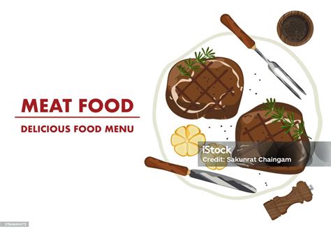 음식 일러스트 접시에 갈비뼈 고기 스테이크 요리에 사용되며 정육점 또는 스테이크 레스토랑 메뉴에 대한 벡터 만화 그림을 굽습니다 Steakhouse에 대한 스톡 벡터 아트