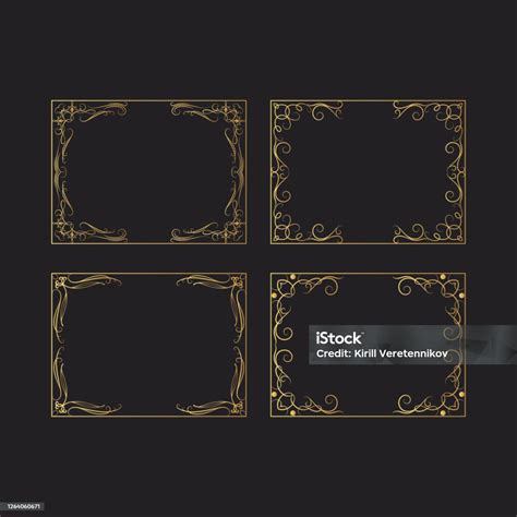 손으로 그린 황금 직사각형 소용돌이 테두리의 세트 벡터 는 골드 선조 장식 요소와 빈티지 로얄 프레임을 격리 로얄 웨딩 초대 장 카드 개체 그룹에 대한 스톡 벡터 아트 및