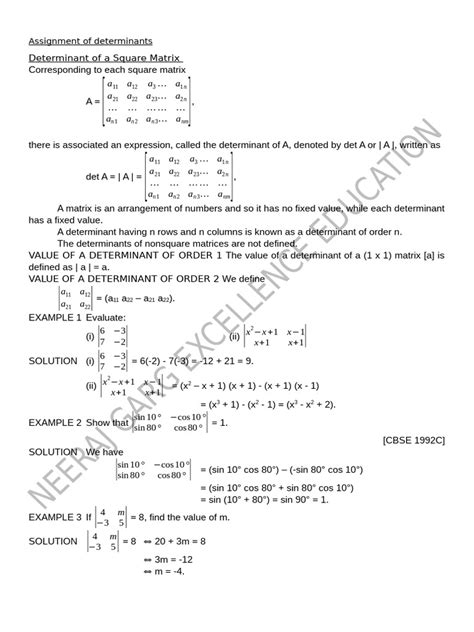 Assignment Of Determinants Class 12 24 25 Pdf