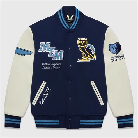 Navy Woolleather Memphis Grizzlies Ovo Varsity Jacket Jackets Masters