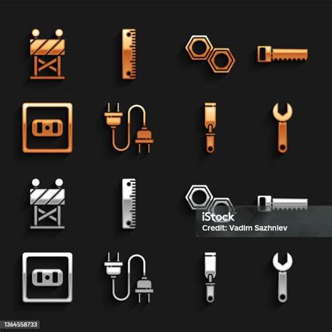 설정 전기 플러그 손 톱 렌치 스패너 래스프 금속 파일 전기 콘센트 육각 너트 도로 장벽과 눈금자 아이콘 벡터 강철에 대한 스톡 벡터 아트 및 기타 이미지 Istock