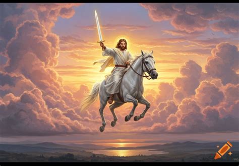 Jesus On A White Horse Holding A Glowing Sword With Figures On The