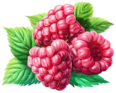 Vibrant Large Raspberries With Leaves Isolated On White Background