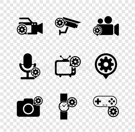 Set Video Camera Setting Security Photo Wrist Watch And Gamepad Icon Vector Stock Vector