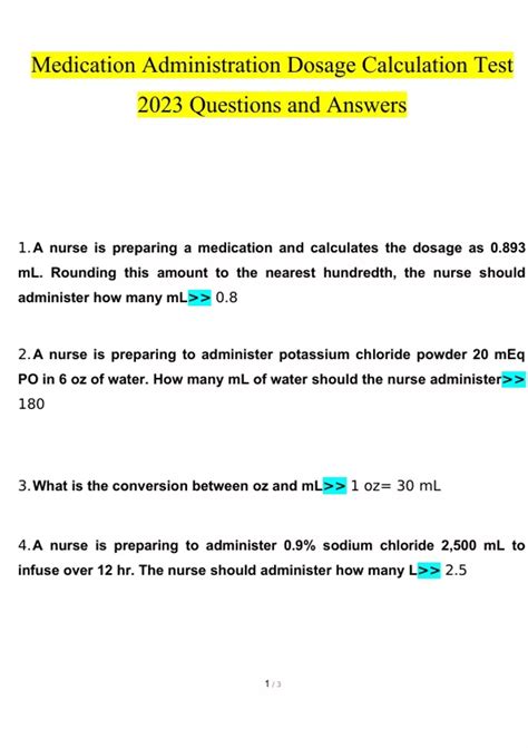 Medication Administration Dosage Calculation Test Questions And Answers Latest [100 Correct