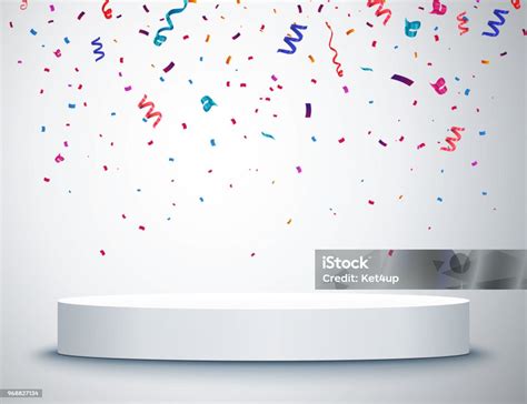 회색 배경에 고립 된 화려한 색종이와 페 데 스탈 벡터 일러스트입니다 연단은 라운드 우승자 개념 Championship에 대한