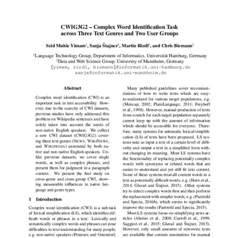 Cwig3g2 Complex Word Identification Task Across Three Text Genres And Two User Groups Acl