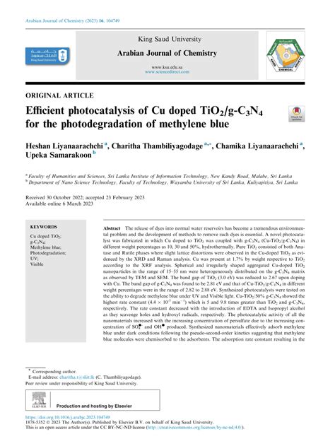 Pdf Efficient Photocatalysis Of Cu Doped Tio2 G C3n4 For The Photodegradation Of Methylene Blue