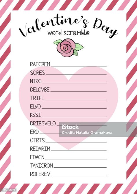 발렌타인 데이 단어 출격 영어를 배우기위한 교육 논리 게임 파티 카드 인쇄 가능한 워크시트입니다 밸런타인데이에 대한 스톡 벡터
