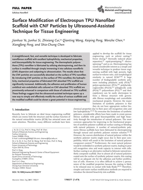 Pdf Surface Modification Of Electrospun Tpu Nanofiber Scaffold With Cnf Particles By