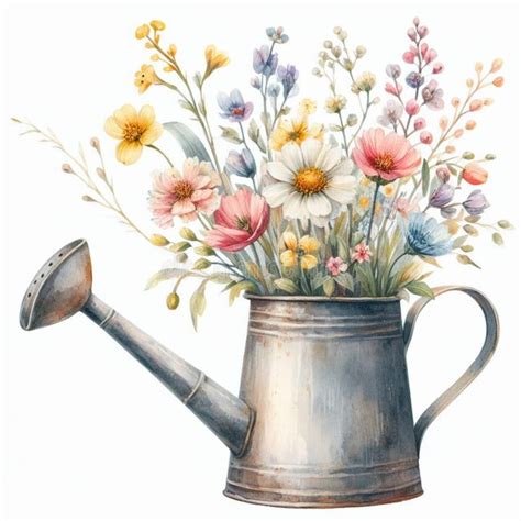 Watercolor Of A Watering Can With Spring Flowers Watercolor Painting