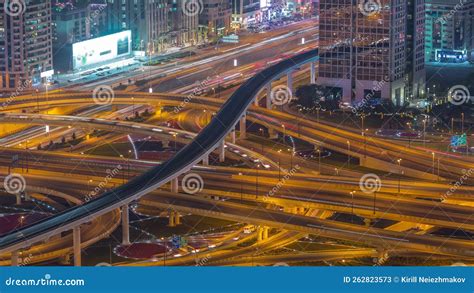 Highway Intersection And Overpass Of Dubai Downtown Aerial Night