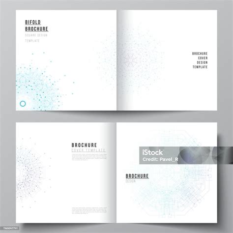 사각형 디자인 Bifold 브로셔 잡지 전단지 소책자를위한 두 개의 표지 템플릿의 벡터 레이아웃 빅 데이터 시각화 연결된 라인과