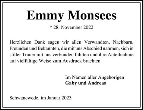 Traueranzeigen Von Emmy Monsees Trauer And Gedenken