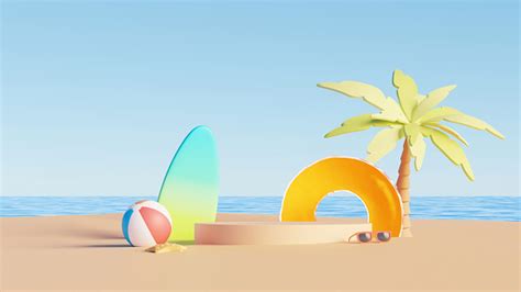 3d 렌더링 연단 야자수 서핑 보드 및 비치 볼이있는 열대 여름 해변 3차원 형태에 대한 스톡 사진 및 기타 이미지 3차원 형태 개념 계절 Istock
