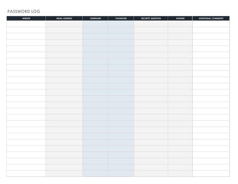 Free Printable Password List Templates Excel Pdf Alphabetical