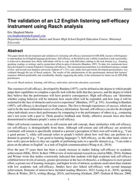 Pdf Article The Validation Of An L2 English Listening Self Efficacy Instrument Using Rasch