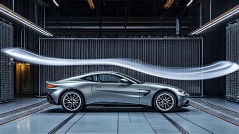 Aerodynamic Design Silver Sports Car Undergoing Wind Tunnel Testing With Flow Visualization