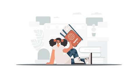 홍수에 휩싸인 여자는 비자를 들고 그의 손에 든 티켓을 봅니다 휴식과 여행의 개념 트렌디한 스타일 벡터 일러스트레이션 개념에 대한 스톡 벡터 아트 및 기타 이미지 Istock