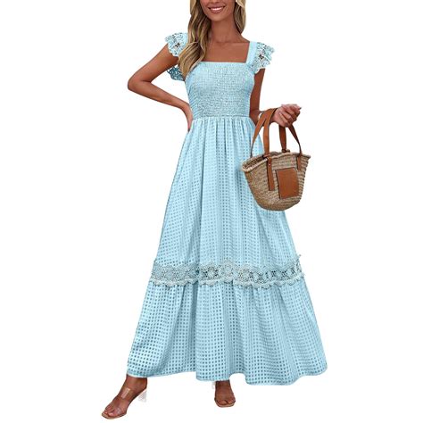 Itsame Womens Smocked Dress Pleated Lace Ruffles Strap Square Neck