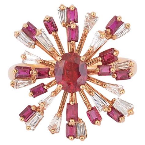 French Retro Diamond Ruby 18k Gold Cocktail Statement Ring For Sale At